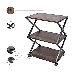 NOZE 3 Tiers Mobile Printer Stand Rolling Printer Cart with Wheels Industrial Machine Storage Shelf Wood and Metal Desk Printer Table for Home Office, Dark Walnut…