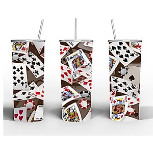Playing Cards Poker Chips Casino Night 20 oz stainless steel Insulated Hot/Cold ThermalSkinny Tumbler w/Lid Straw Brush Box
