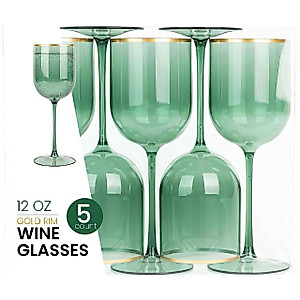 Blue Sky Green Plastic Wine Glasses With Gold Rim - 12oz (5-Pack) Reusable, Disposable Cups for Parties and Events