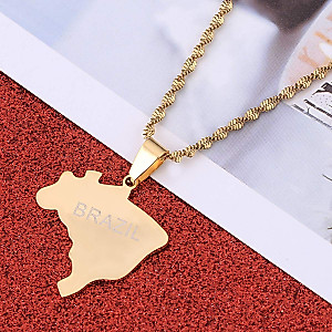 Stainless Steel Brazil Map Pendant Necklace Brasil Map Brazilian Jewelry Gifts (Gold Color)
