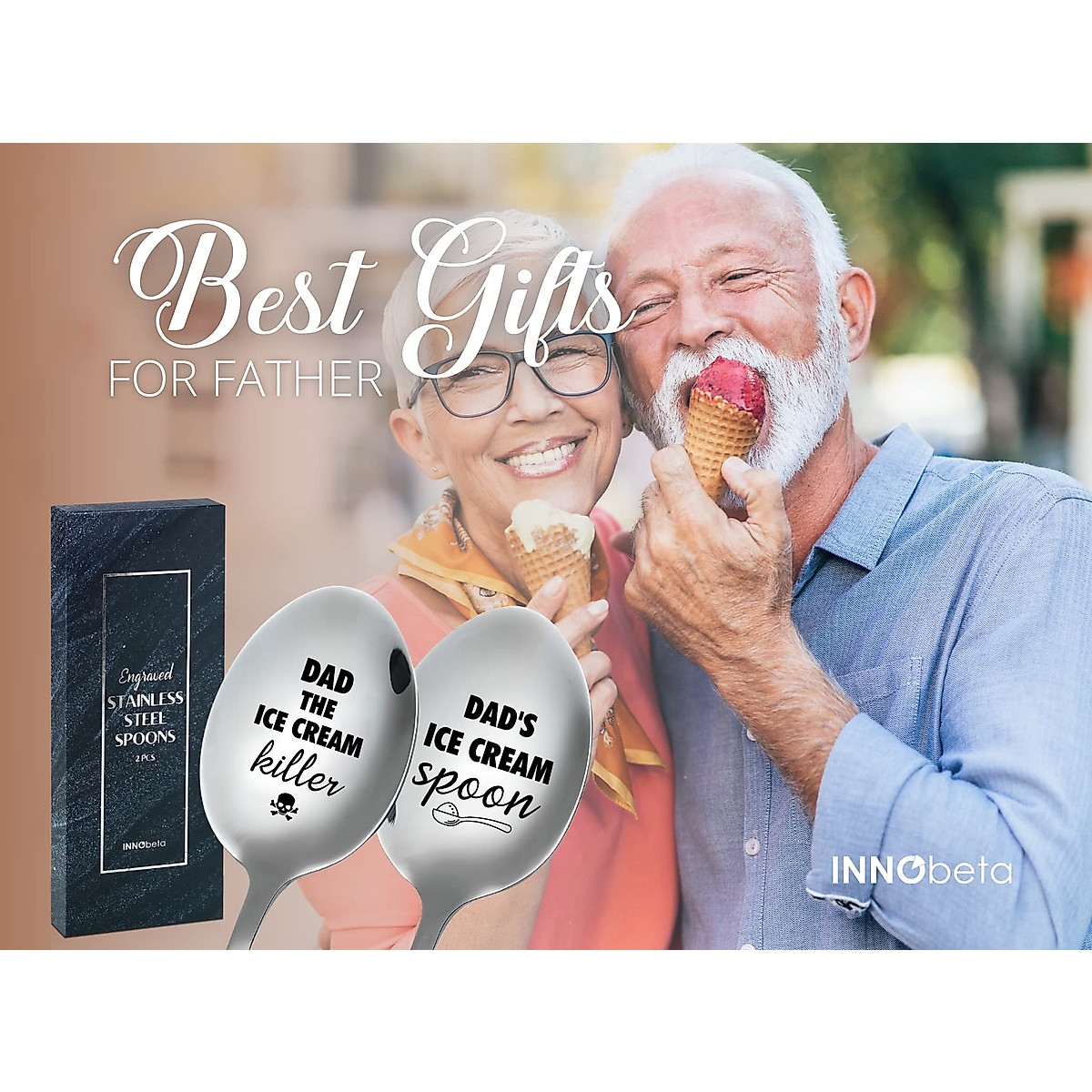 Dads Ice Cream Spoon, 2 Pcs Stainless Steel Coffee Spoons Set, Gifts for Dad on Birthday/Christmas/Thanksgiving, Gift Ready Package, DAD THE ICE CREAM KILLER