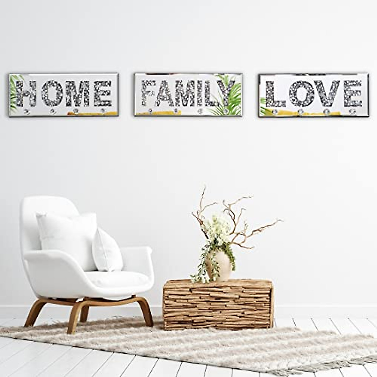 Crush Diamond Mirrored Love Letter Plaque Sign for Wall Decor, Crystal Clear Hooks Key Holder Key Hanger, Silver Mirror Decoration Wall Art, Wall Mounted Home Decor 15"×5.9"×1.6"