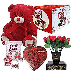 VALENTINE GIFT BASKET SET |10" Teddy Bear Plush (White or Red), Dozen Belgian Milk Chocolate Roses Bouquet, Creme Savers Strawberry and Creme Hard Candy, Elmer Chocolate Rose Flowers Heart Shaped, & Beautiful Custom Valentine Box|