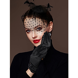 Geyoga 50s Fascinator Hat for Women Funeral Veil Hat Pillbox Cocktail Tea Party Headpiece and Lace Glove (Black,Elegant Style)