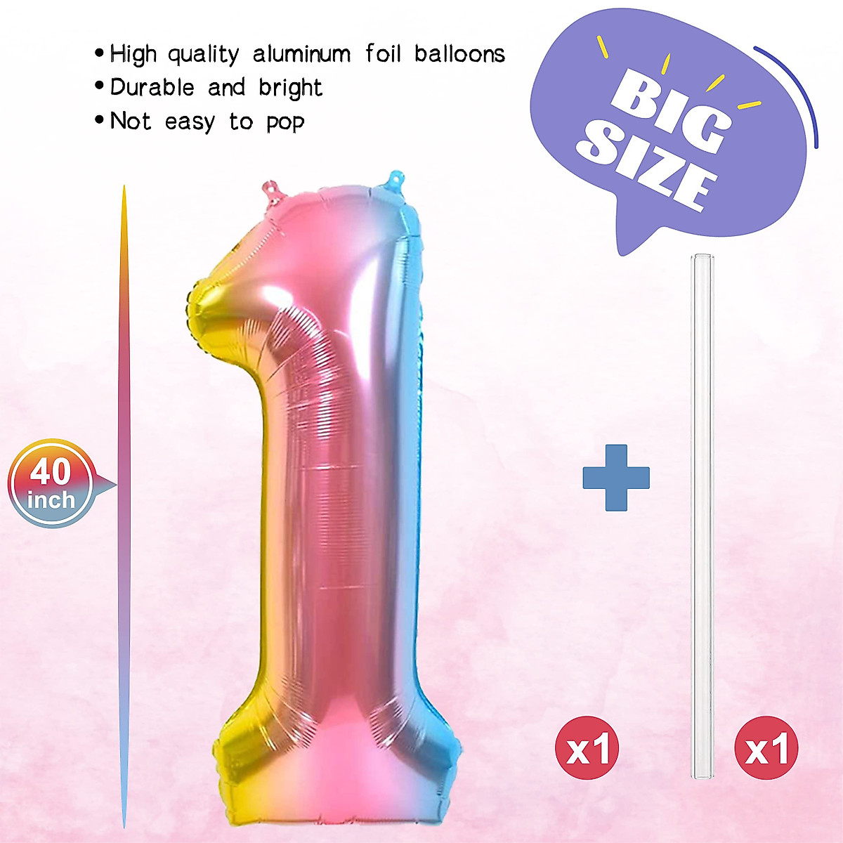 JOYYPOP 40 Inch Rainbow Number Balloon Foil Large Number 1 Balloon for Birthday Anniversary Baby Shower Unicorn Parties