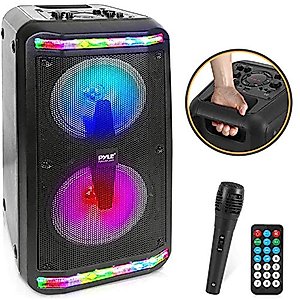 Pyle Bluetooth Speaker & Microphone System - Portable Stereo Karaoke Speaker with Wired Mic, Built-in LED Party Lights, MP3/USB, FM Radio (6.5’’ Subwoofers, 500 Watt MAX) (PPHP266B.5)