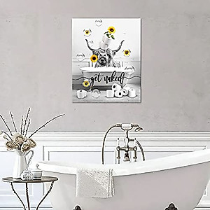 WALLOHERE Bathroom Canvas Wall Art Black And White Artwork Farm Highland Cow In Bathtub With Sunflower Picture Print Modern Giclee Decor For Decoration Ready To Hang 12x16 Inch, 12 x 16 in