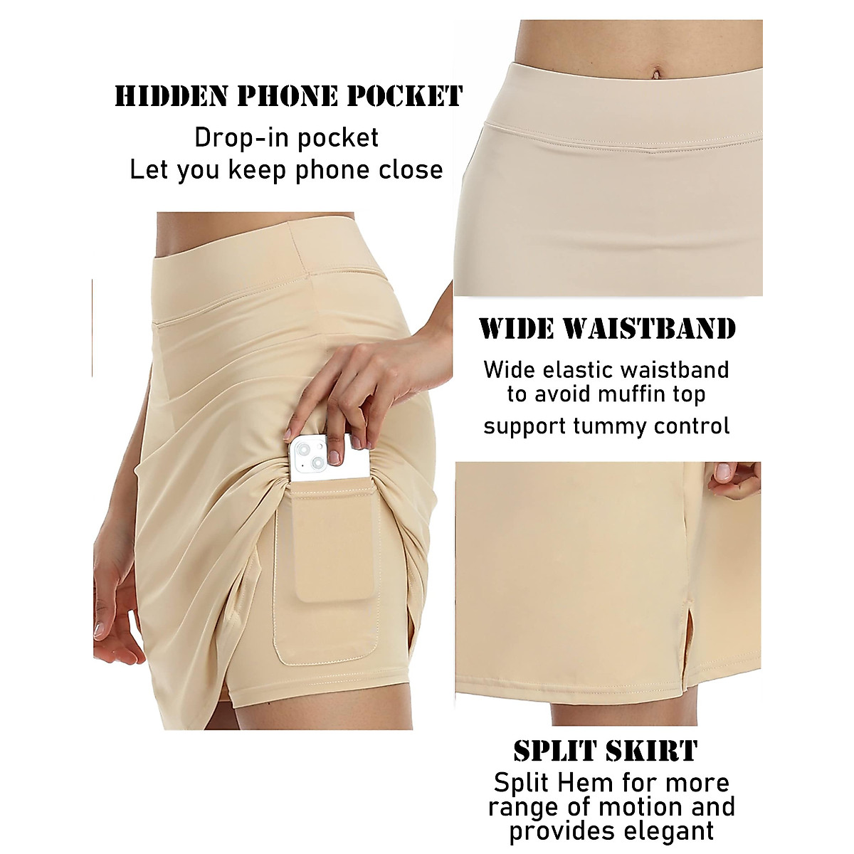 COOrun Skorts Skirts for Women with Pockets 20" Knee LengthLong Golf Tennis Skirts Modest Skirts,Light Khaki Large