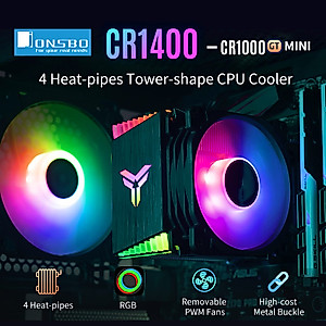 JONSBO CR1400 RGB CPU Air Cooler, 92mm PWM CPU Cooler with 4 Heat Pipes, Removable Computer PC Fans Easy to Install, Quiet Rainbow RGB Cooling Fan for Intel LGA 1700/1200/1151, AMD AM4 AM5, Black