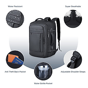 TEDNETGO Travel Backpack, Carry On Backpack, Laptop Backpack, 40L Expandable Airline Approved Large Business Travel Backpack, Durable Water Resistant Hiking Backpack Outdoor Sports Rucksack, Black