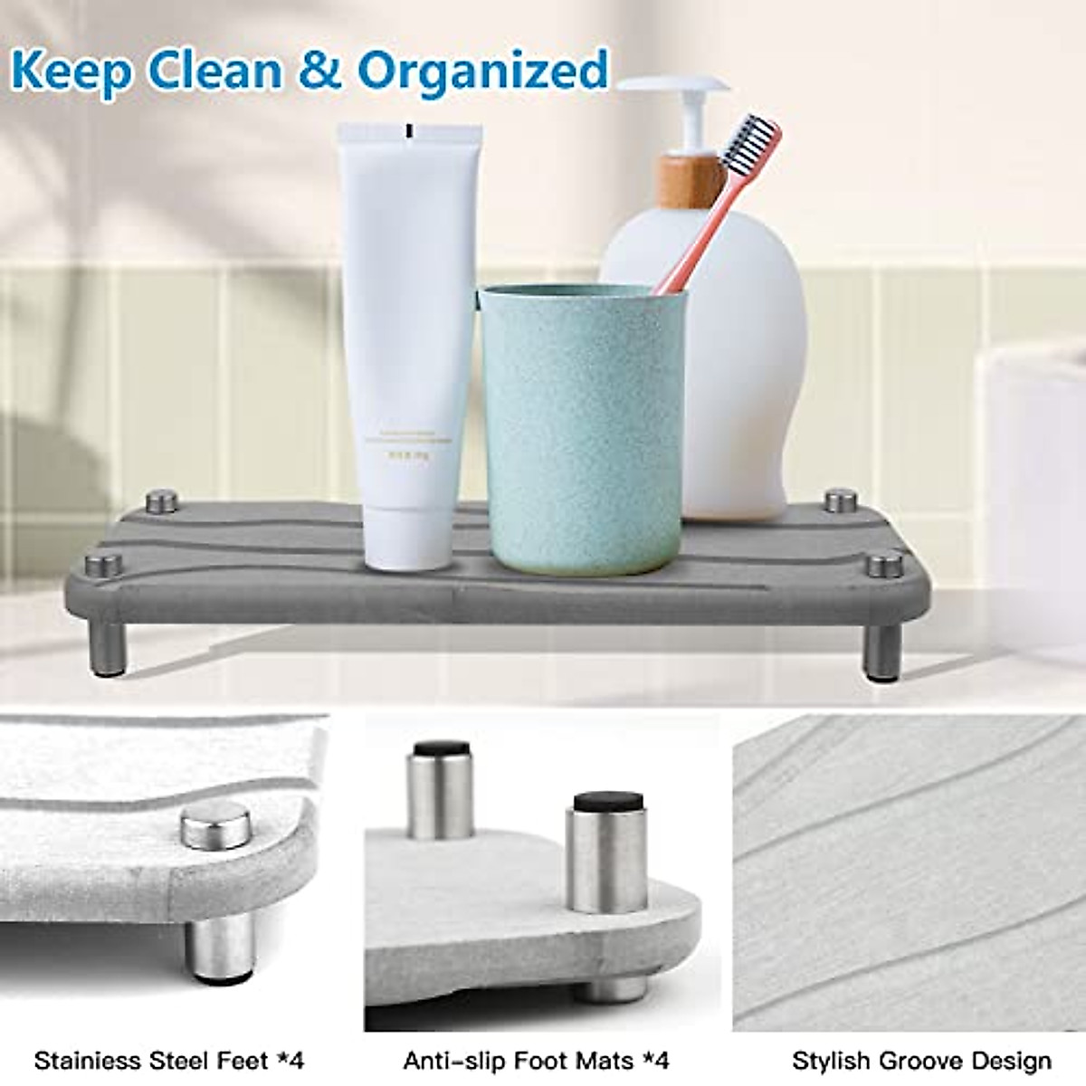 TGIFGO Sink Caddy Water Absorbing Stone Tray for Sink Instant Dry Sink Organizer Use for Kitchen Bathroom Vanity Countertop Natural Diatomaceous Prevent Moisture Buildup (White, Water Shape)