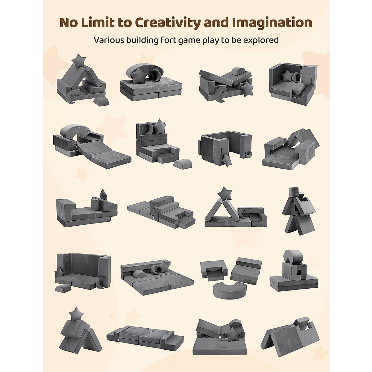 Modular Kids Play Couch, Kidirect K12 PRO DIY 400+ Creative Kids Couch for Playroom, Upgraded Play Couch Convertible Rocking Horse, Sectional Kids Sofa Couch with Star Moon for Kids and Toddlers(Grey)