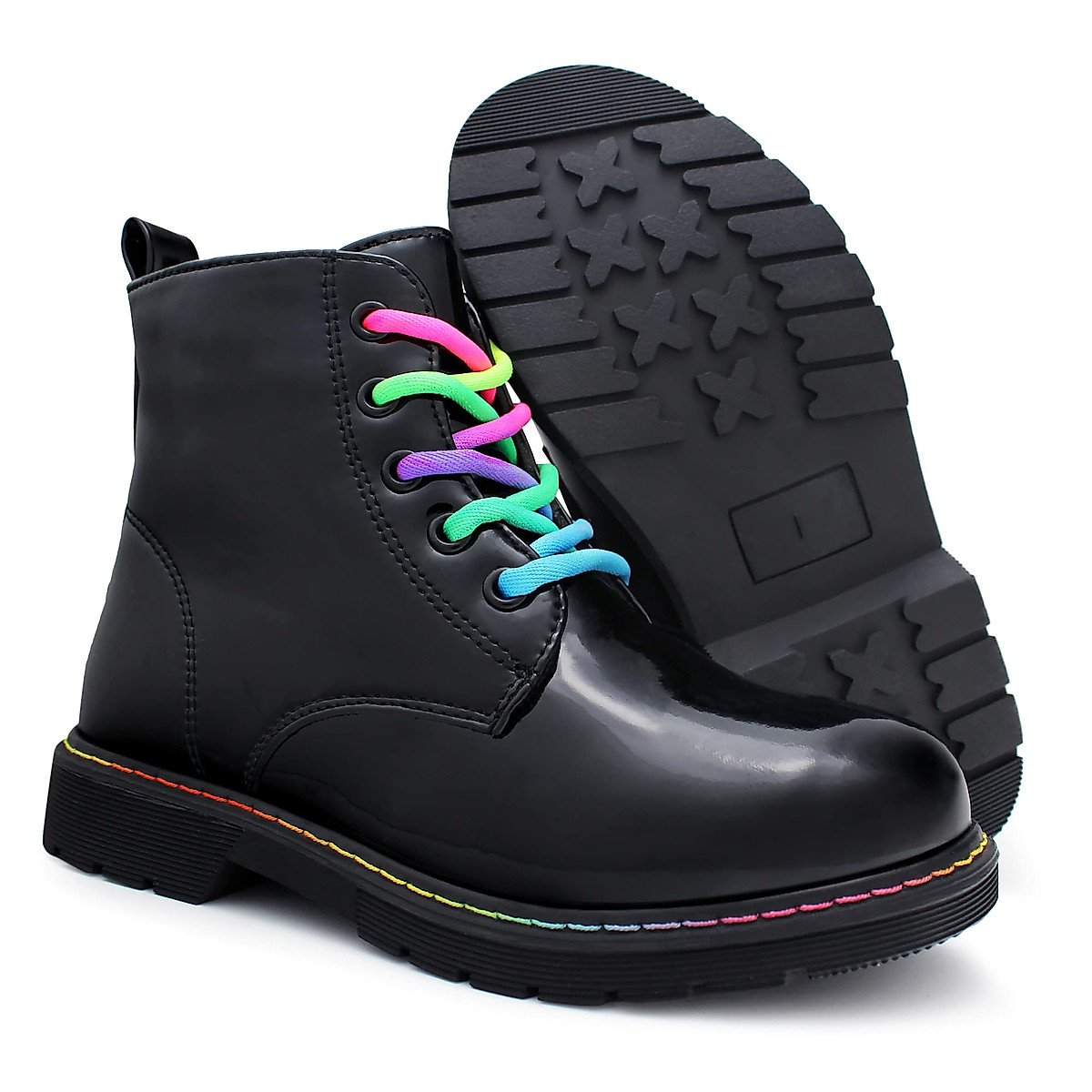 Hawkwell Girls Boys Combat Work Boots Side Zipper Ankle Boots with Rainbow Lace Up,Black Patent PU,13 M US Little Kid