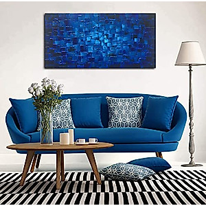 Gongyuanyihao Arts Modern Textured Abstract Squares Canvas Wall Art Hand Painted Artwork Dark Blue Oil Painting Picture for Home Decoration Framed Ready to Hang 48x24inch