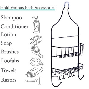 Bath Bliss Contour Shower Caddy | Dimensions: 9"x 4.3"x 21.5" | Hangs Over The Showerhead | Suction Cup Backing | All In One Caddy | Holds Shampoo | Conditioner | Lotion | Soap | Matte Black