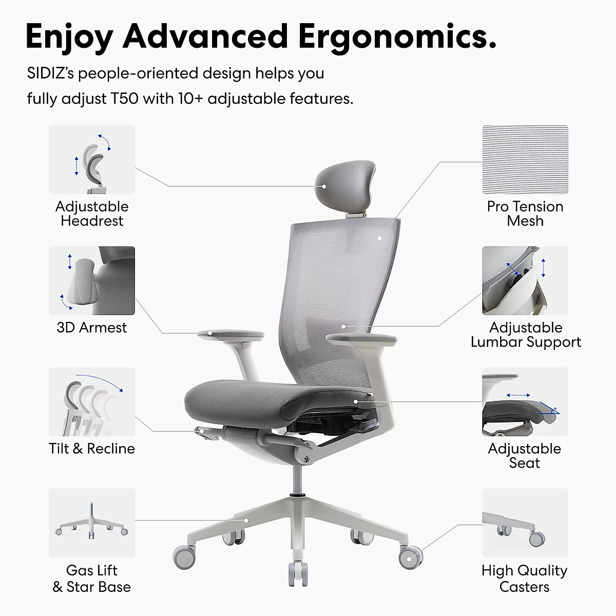 SIDIZ T50 Ergonomic Home Office Chair : High Performance, Adjustable Headrest, 2-Way Lumbar Support, 3-Way Armrest, Forward Tilt, Adjustable Seat Depth, Ventilated Mesh Back, Cushion Seat (Gray)