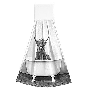 Highland Cow in Bathtub Bubble Hand Tie Towel 2 Pack, Funny Cattle Farmhouse Animal Hanging Kitchen Towels for Tabletop Home