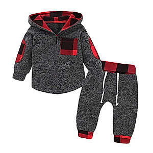 Little Bitty Baby Boy Outfits 3-6 Months Toddler Baby Boy Clothes Clothing Plaid Pocket Hoodie Sweatshirt+Pants Fall Winter Outfits Set, Red Plaid Outfit 3-6m/70cm