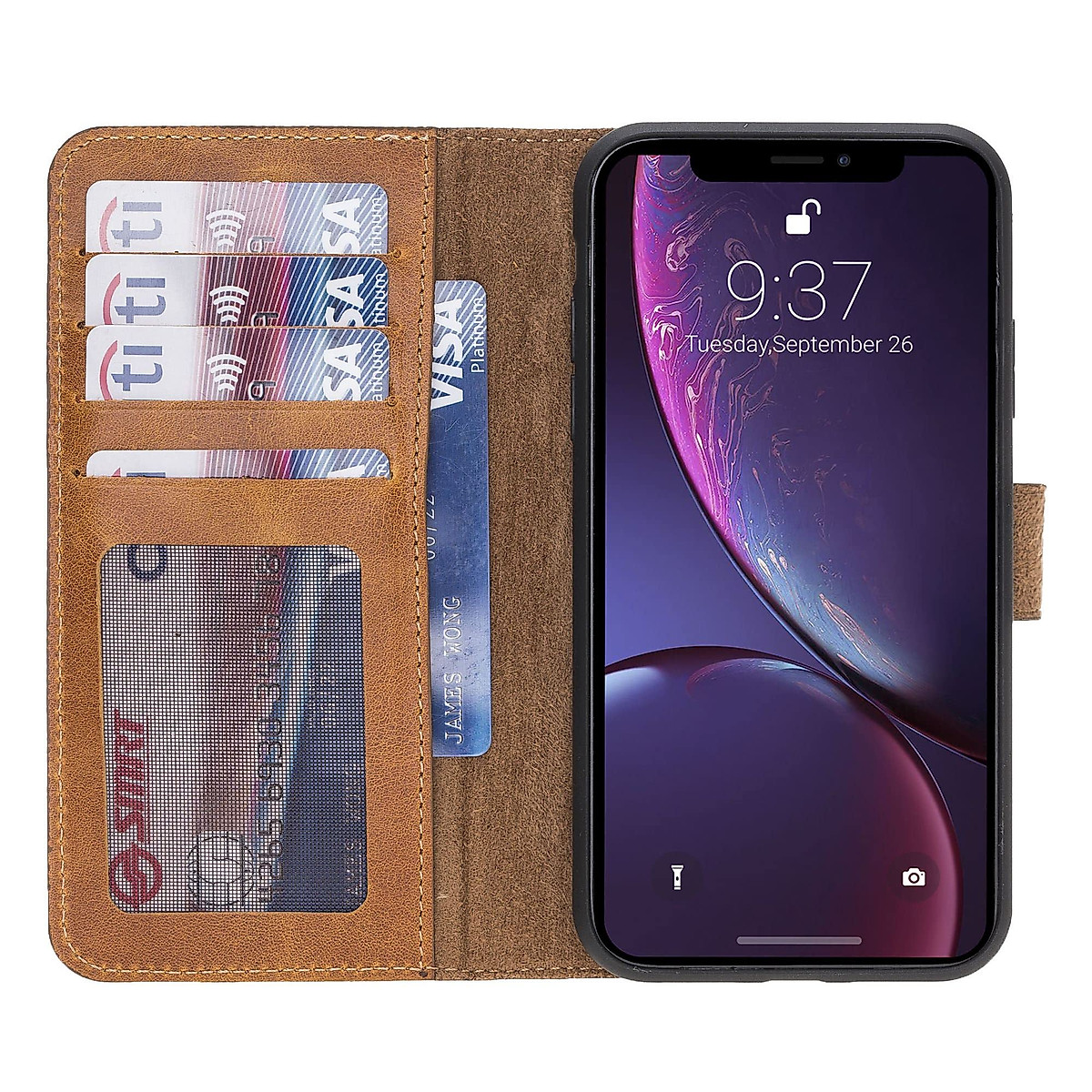HARDISTON Compatible With iPhone XR Wallet Case, Handmade Genuine Leather, Detachable Magnetic Flip Cover Card Holders, Customizable, Horizontal Kickstand, Wireless Charging, (Amber)