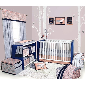 Bacati - Plush Baby Blanket Tribal/Aztec Coral/Navy Embroidered 30 x 40 inches