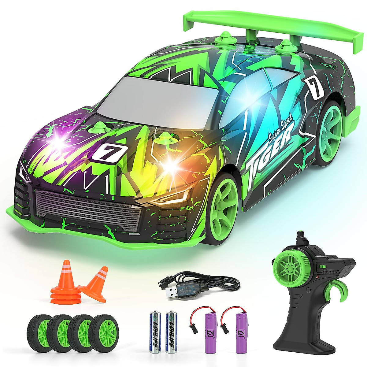FLYNOVA 4WD RC Drift Car,Light Up Racing Toys for Kids Age 6 7 8 9 10-12,14 KM/H High Speed Vehicle,Easter Thanksgiving Christmas Birthday Fun Gifts for Boys Girls Teens
