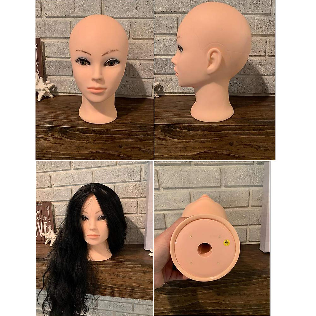 Ba Sha Bald Mannequin Head Beige Female Professional Cosmetology Manikin Doll head for Wigs Making Wig Display Hat Display Glasses Display with Free Clamp