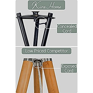 Kira Home Sadie 61" Mid Century Modern Tripod LED Floor Lamp + 9W Bulb (Energy Efficient/Eco-Friendly), Leather Accent Legs, Black Drum Shade, Black Finish