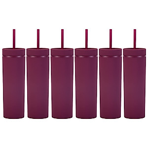 Essasea Matte Burgundy Tumblers with Lids and Straws.16oz Skinny Tumblers Bulk.Double Walled Plastic Acrylic Pastel Tumblers Cups for Iced Coffee Smoothie.DIY Silm Tumblers.