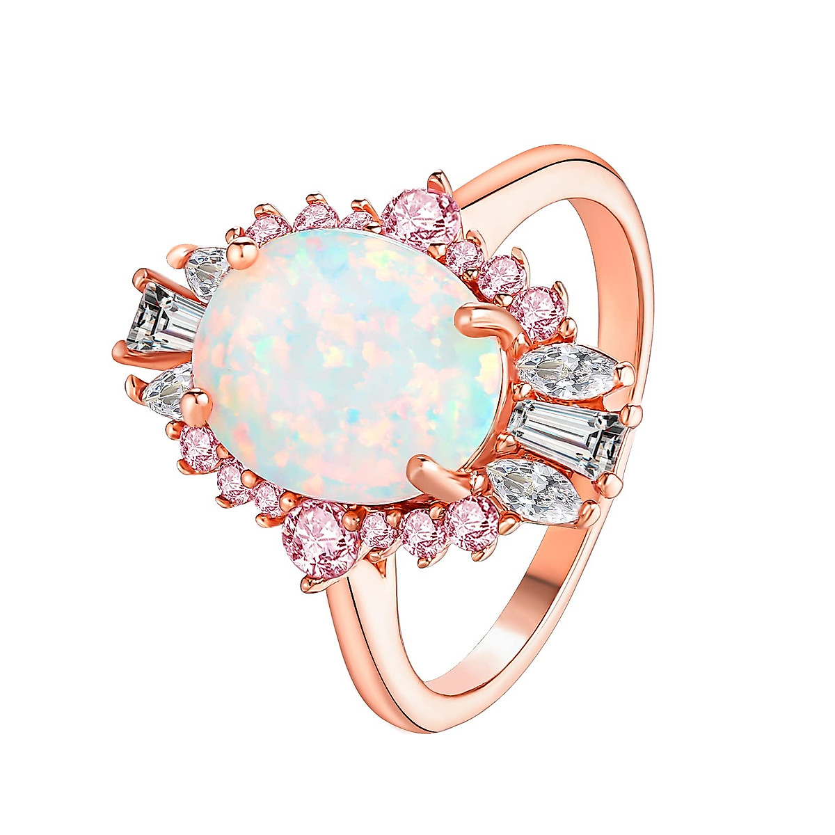 LAZLUVU White Opal Ring Oval Cut Created Opal Solitaire Engagement Wedding Rings with Cubic Zirconia Promise Ring Jewelry For Women