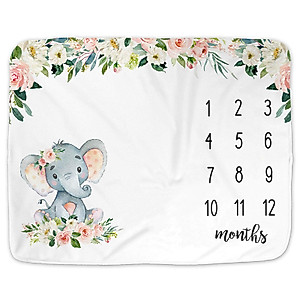 Girl Elephant Baby Monthly Milestone Blanket, Safari Elephant Baby Growth Chart Month Blanket, Watch Me Grow Baby Girl Floral Elephant Nursery Gift for New Moms Baby Shower, Includes Marker (50"x40")
