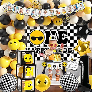 One Happy Dude 1st Birthday Party Decorations Party Supplies First Birthday Party Decoration for Boy Black and Yellow Theme Backdrop Balloon High Chair Banner Balloon Boxes Crown Poster (Selection-D)