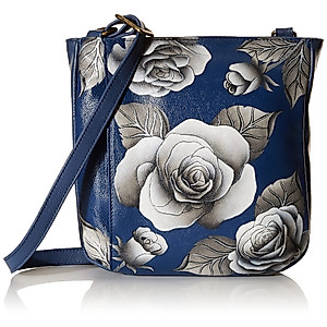 Anna by Anuschka Women's Anuschka Women s Genuine Leather Medium Crossbody Handbag Hand Painted Exterior Romantic Rose Bl, Romantic Rose Blue, One Size US