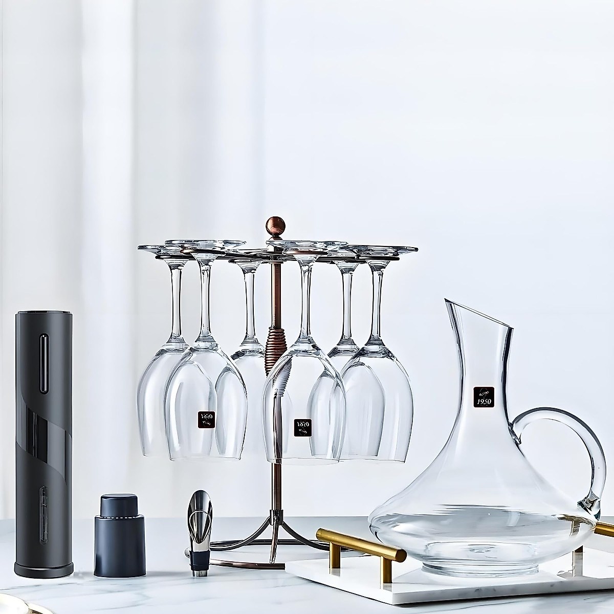 GeLive Bronze Wine Glass Holder Stand, Antiqued Countertop Freestanding Stemware Drying Rack, Artistic Tabletop Glass Display Hanger With 6 Hooks for Home and Bar Storage