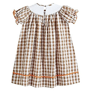 Lil cactus Light Brown Gingham Pumpkin Turkey Smocked Bishop Dress, Brown Turkey, 3-6 Months