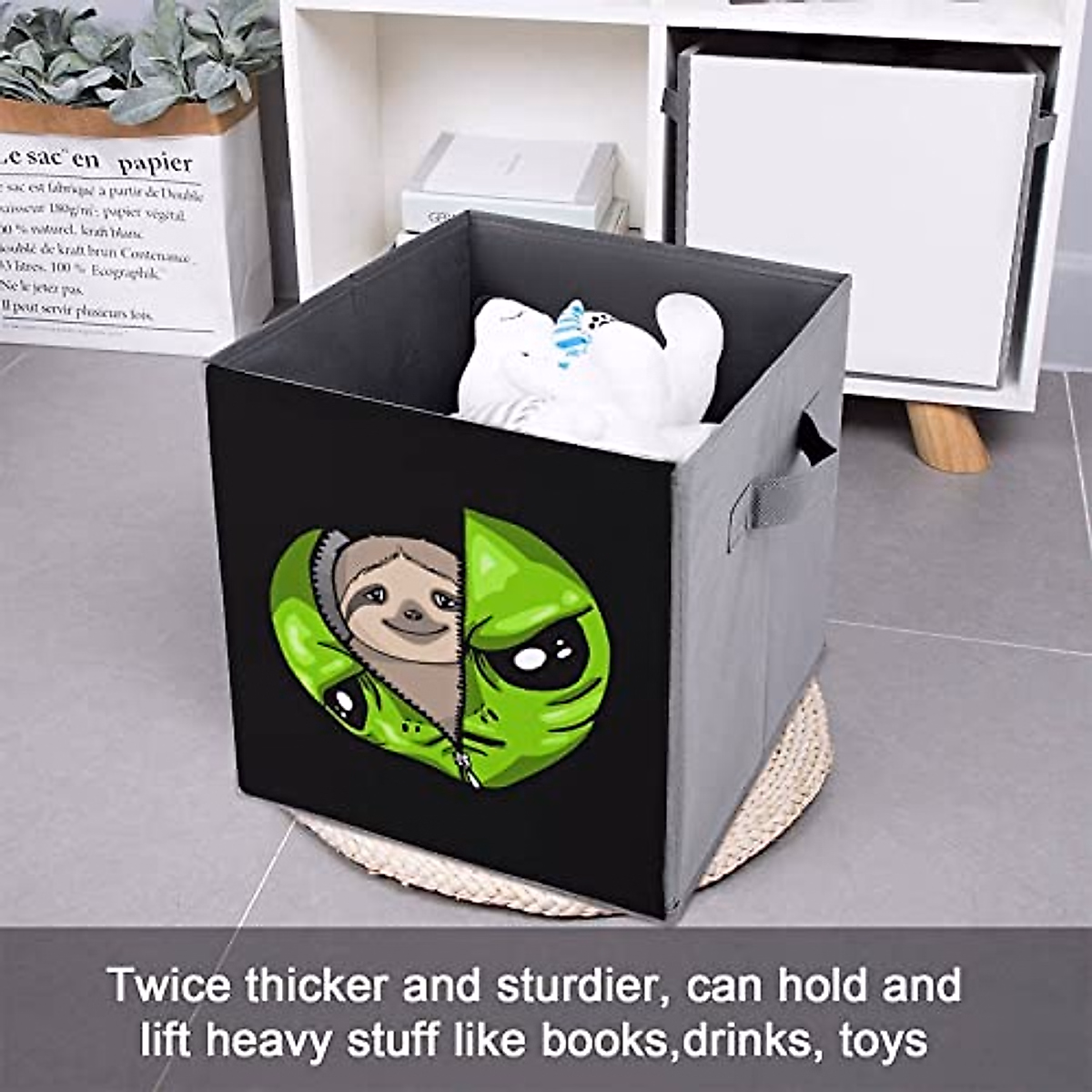 Sloth Into Alien PU Leather Collapsible Storage Bins Canvas Cube Organizer Basket with Handles