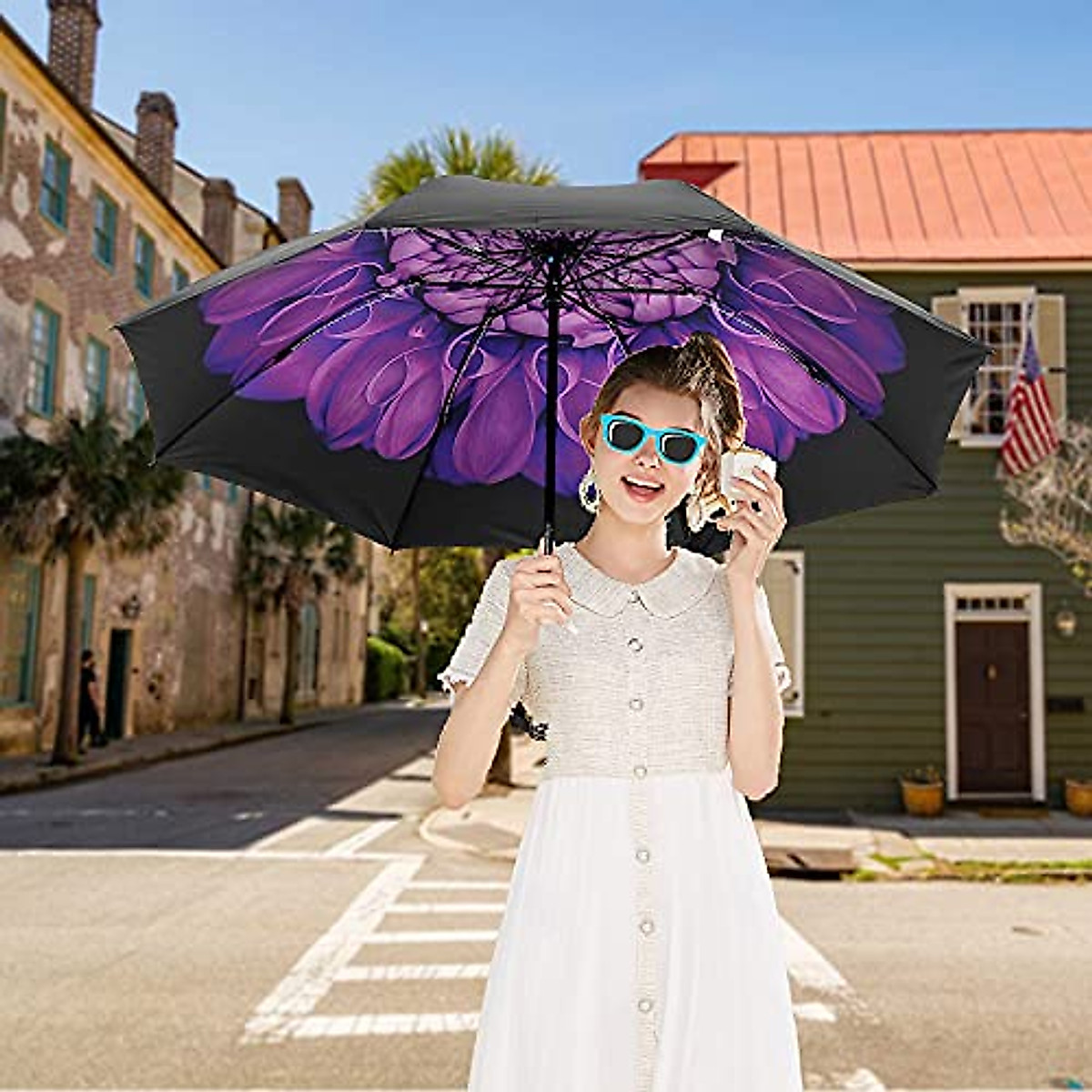 LANBRELLA Umbrella Reverse Travel Umbrellas Windproof Compact Folding - Purple Flower
