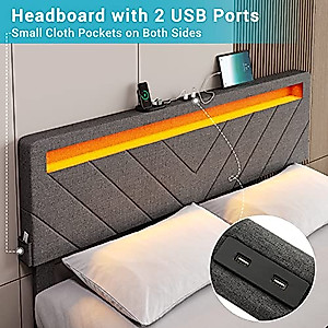 Tiptiper Queen Bed Frame with 2 USB Charging Station, Bed with LED Lights and Drawers,Queen Platform Bed Frame with Adjustable LED Headboard,Easy Assembly, No Box Spring Needed, Dark Grey