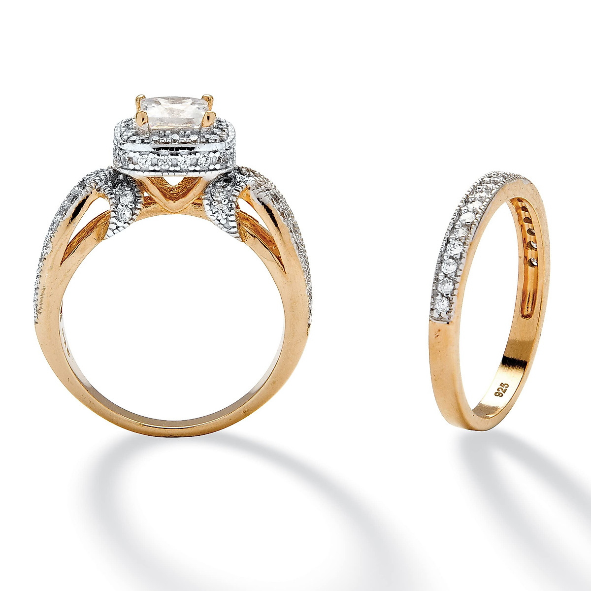 PalmBeach Yellow Gold-plated Sterling Silver Princess Cut Cubic Zirconia Halo Bridal Ring Set Sizes 6-10 Size 8