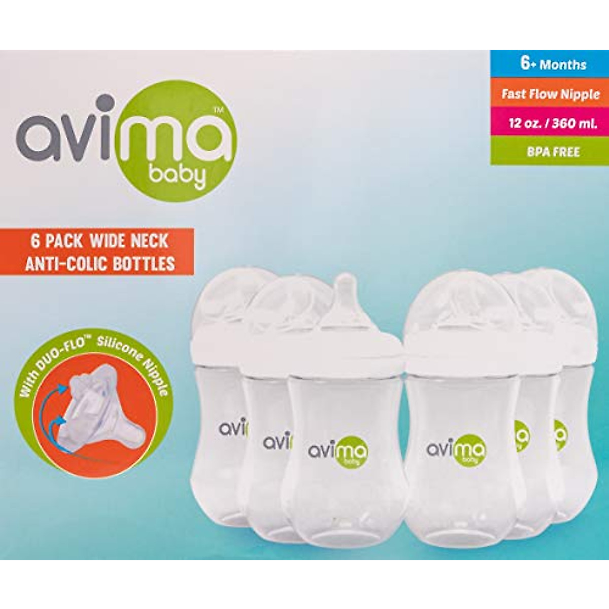 Avima Baby 12 oz Anti Colic Baby Bottles for Breastfed Babies - Fast Flow Nipples, Wide Neck Bottle, BPA Free - 9-12 Months, Stage 3 (Set of 6)