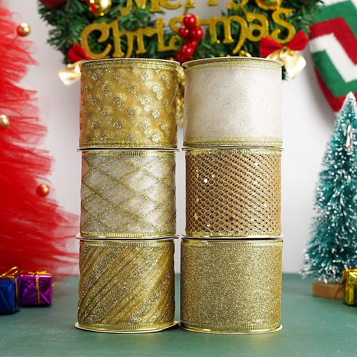 HUIHUANG Gold Christmas Ribbon - 2.5 inch Wide Gold Wire Edge Ribbons for Tree Decorations, Crafts, Gift Wrapping, Wreath, Garland, Bows - 6 Rolls x 6 Yards