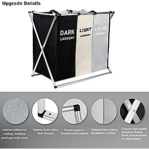 Laundry Cloth Hamper Sorter Basket Bin Foldable 3 Sections with Aluminum Frame 26''×24''H Washing Storage Dirty Clothes Bag for Bathroom Bedroom Home Storage basket (3 Liner, White+grey+black)