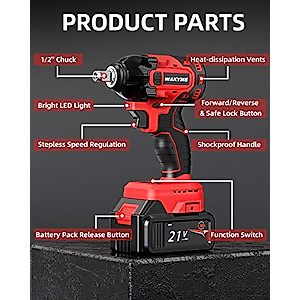 WAKYME 21V MAX Cordless Impact Wrench Kit, 1/2" Brushless Compact Wrench Power Tool Kit, TWO 4.0AH Li-ion Battery, 7Pcs Driver Impact Sockets, Fast Charger, Belt clip, Tool Box (250 Ft-lb Torque)