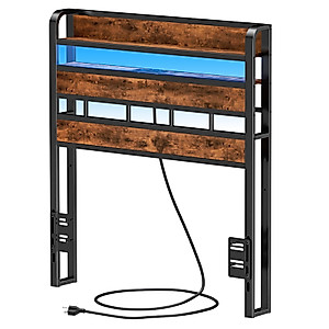 Furnulem Twin Size Headboard Only 2 Outlets 2 USB Ports Bed Headboards with Charging Station 2 Tier Storage Headboard Shelf for Dorm Bedroom Sturdy Adjustable RGB Light Headboards Rustic Brown