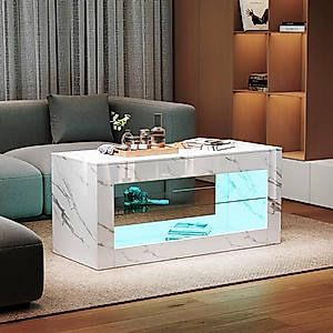 Coffee Tables for Living Room, Modern High Gloss Marble Print Center Table with Glass Open Storage and LED Lights - Stylish Home Decor for Coffee and More, White with Gloss