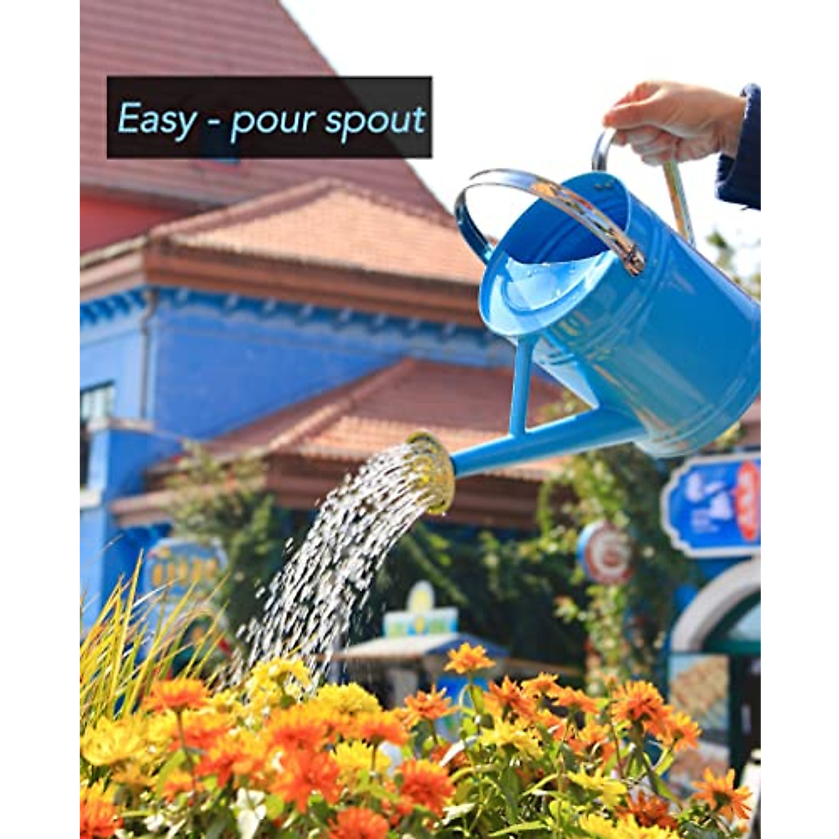 Joequality Watering Can for Outdoor&Indoor Plants，Galvanized Steel Watering Can with Stainless Steel Handles，1 Gallon Metal Plant Watering Pot Gardening Tools，Blue