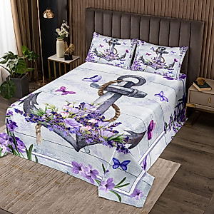 Anchor Nautical Kids Bedspread Queen Size,Purple Lavender Butterfly Romantic Coverlet Set,Girls Boys Adults Room Decor,Old Wooden Plank Rustic Quilted Coverlet,Farmhouse Bedding Quilt,2 Pillowcases