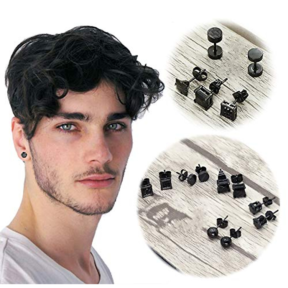 FIBO STEEL 10 Pairs Stainless Steel Black Stud Earrings for Men Women Huggie Earring Ear Piercing Set Hoop
