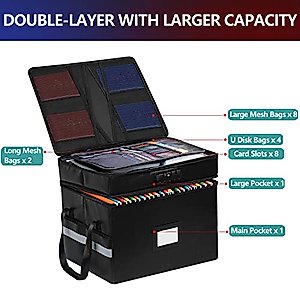 Fireproof Document Box with Lock, 2 Layers Fireproof File Box, Portable Important Document Organizer, Collapsible Waterproof File Box Organizer with Handles (Black)