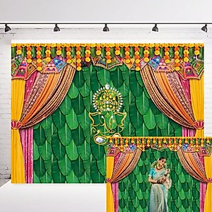 INRUI Indian Pooja Photography Background Green Banana Leaf Curtain Decorations Indian Bridal Shower Wedding Party Photo Backdrop (7x5FT)
