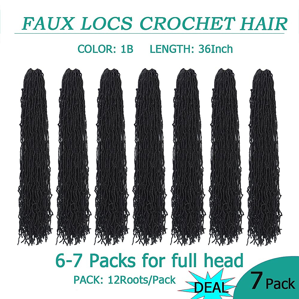 7 Packs Faux Locs Crochet Hair 36 Inch New Soft Locs Crochet Hair For Black Women Pre-looped Long Goddess Locs Crochet Braids Curly Wavy Braiding Hair Extension (1B)